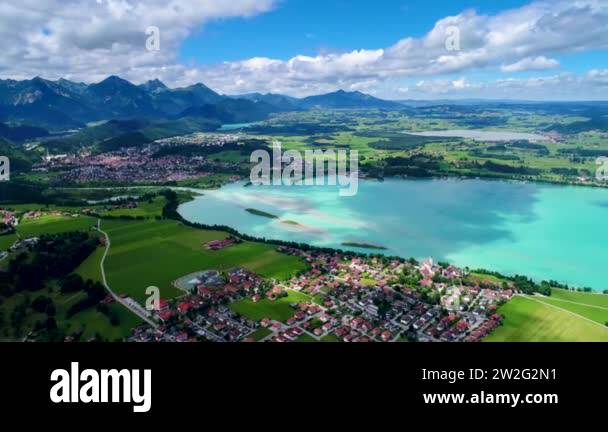 Panorama from the air Forggensee and Schwangau, Germany, Bavaria ...