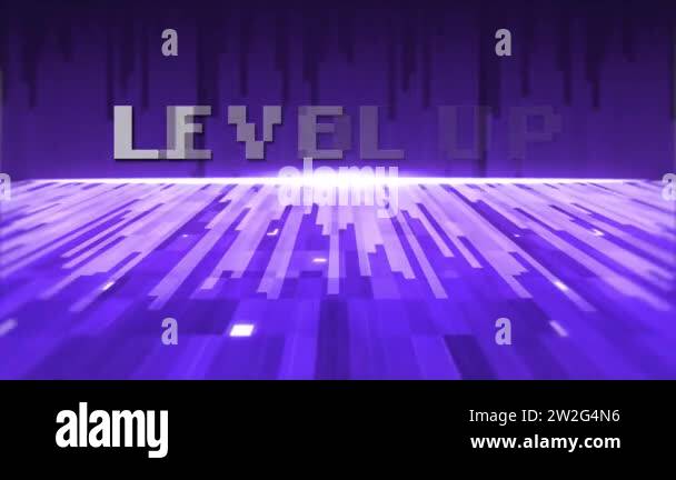 Animation of vintage video game screen with pixelated words Level Up ...