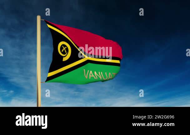 Vanuatu flag slider style with title. Waving in the wind with cloud ...