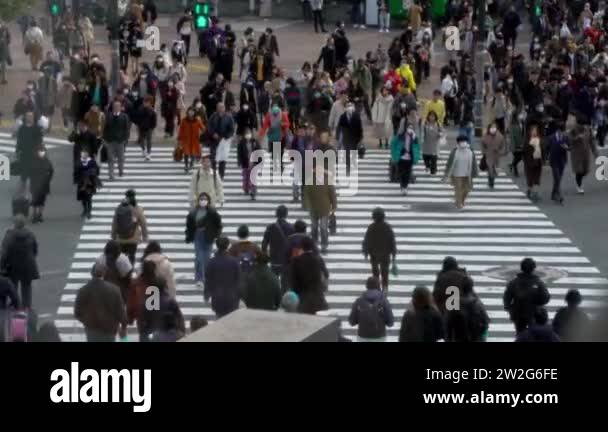 Tokyo, Japan-04 February, 2020: 4K, Aerial view of crowd pedestrian ...