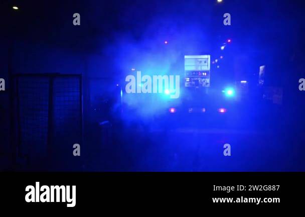 Berlin, Germany, 6th May 2019: Fire engine with flashing blue lights ...