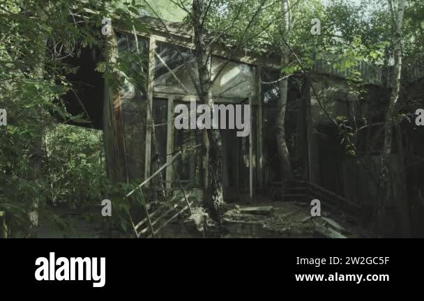 Static clip of the front entrance of the derelict Pripyat cafe in ...