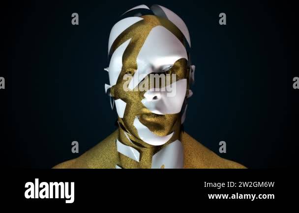 Futuristic human head with collapsing face. Computer generated modern ...