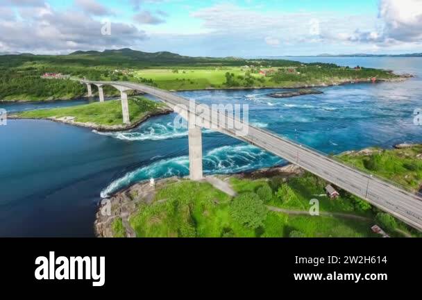 Whirlpools of the maelstrom of Saltstraumen, Nordland, Norway aerial ...