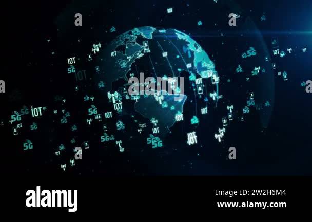 5g Mobile Communications Iot And Digital Wireless Network Symbols On Rotating Digital Globe