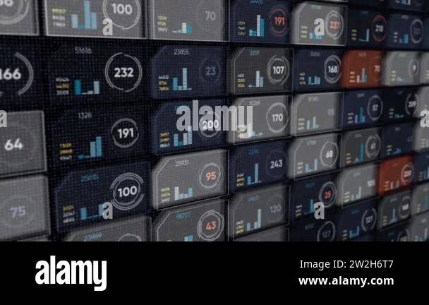 Digital display with colorful rows of small same size microchips with ...