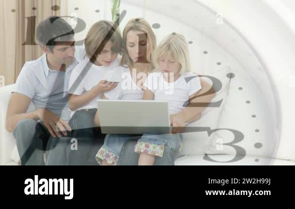 Animation of a Caucasian couple and their two children sitting and ...