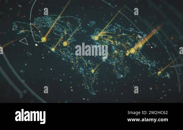 Flashing highlighted World Map with glowing areas and interstate light connections. Scanning of ...