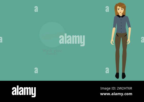 2d animation of young Caucasian woman on green background with warning ...