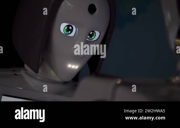 The robot shows emotions. Artificial Intelligence. Modern robotics. The robot looks and smiles ...