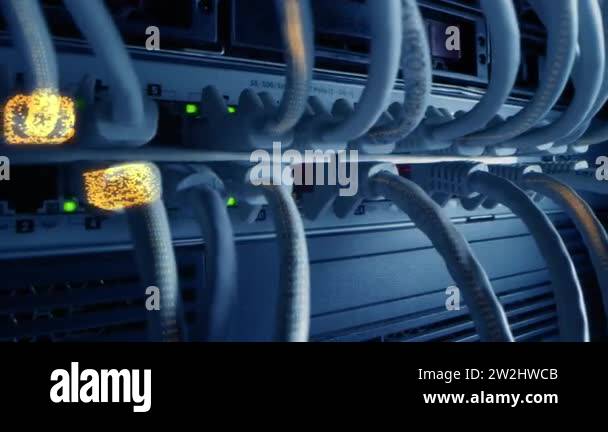 Ethernet Cables Connected to Modem with Digital Binary Code Streaming Information and Data ...