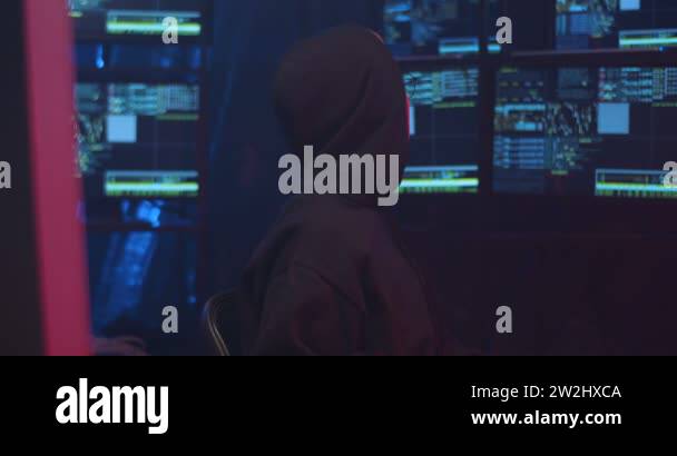 Caucasian cyber police woman in glasses and black hood working at ...