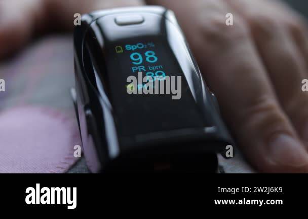 Measuring oxygen saturation SpO2 in blood with pulse oximeter on finger ...