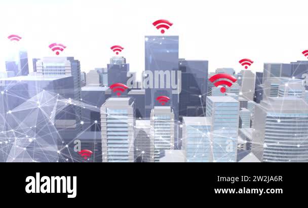 Animation of red wifi symbols and network of connections of modern ...