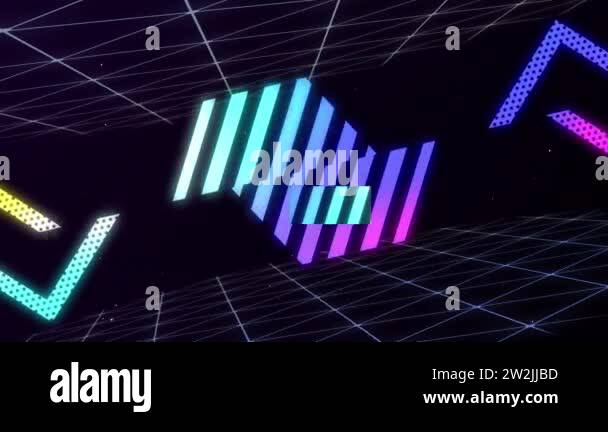 Animation of glowing retro multi colored neon light geometric patterned ...