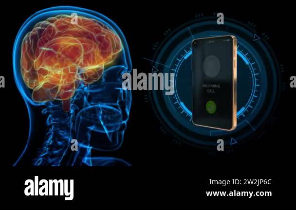 4K 60 fps 3D animation - x-ray human head moving with ringing incoming ...
