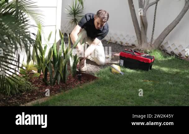 Plumber Man fixing Sprinkler Head in backyard. Grass Field Sprinklers ...