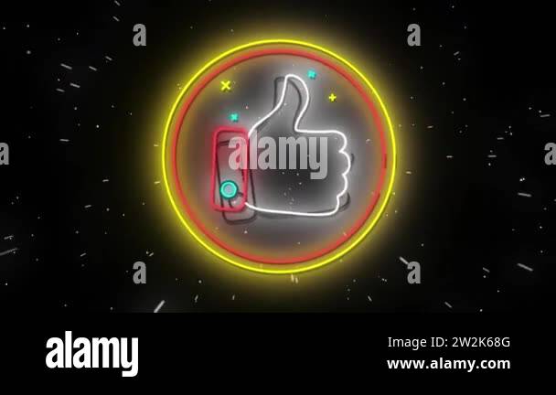 Animation of flickering neon digital thumbs up like icon in a glowing ...