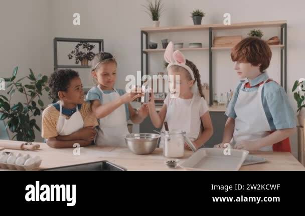 Multiethnic male and female school friends wearing aprons talking ...