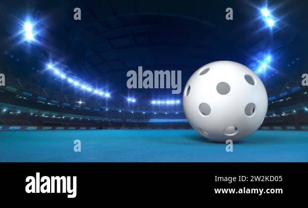 Modern Floorball Arena with shining lights and ball motion on the blue ...