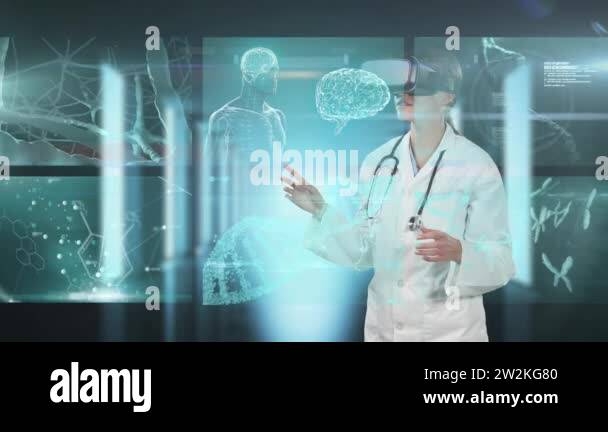 Animation of female doctor wearing lab coat and virtual reality headset ...