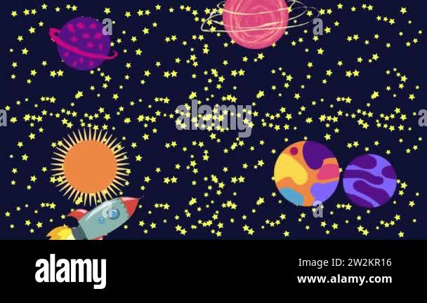 Cartoon Space. Cartoon rocket flies in outer space past the suspended ...