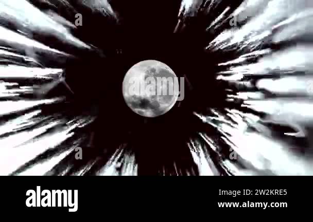 Hyper jump in space through the stars to the full moon. The texture of ...
