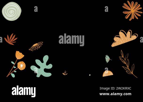 Drawn flower patterns fill black background. Animation. Animated and ...