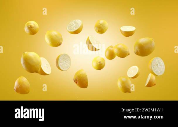 Flying of Lemon and Slices in Yellow Background. Speed up and falling ...