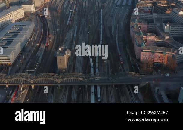 Cars on Bridge over going multiple train track railway of Munich ...