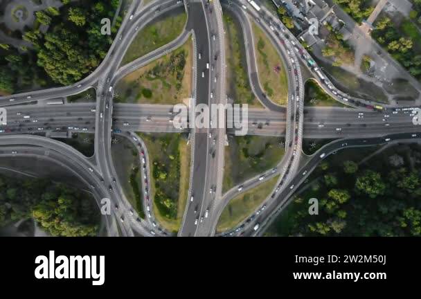 Two-level transport interchange in a big city. 4k top view Stock Video ...