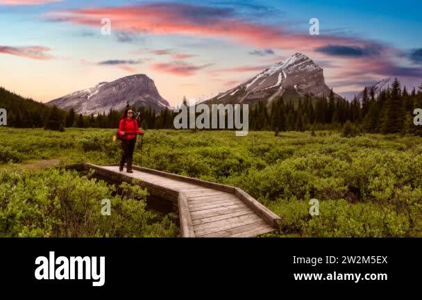 Cinemagraph Continuous Loop Animation. Female Backpacker Hiking in ...