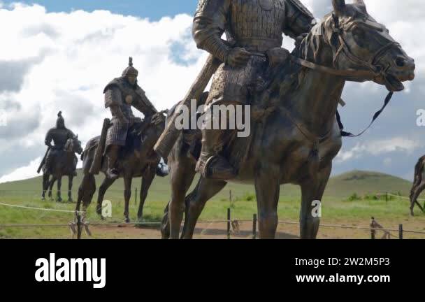Statues of Genghis Khan's equestrian cavalry warriors.Tsonjin Boldog visitors museum old xiongnu ...