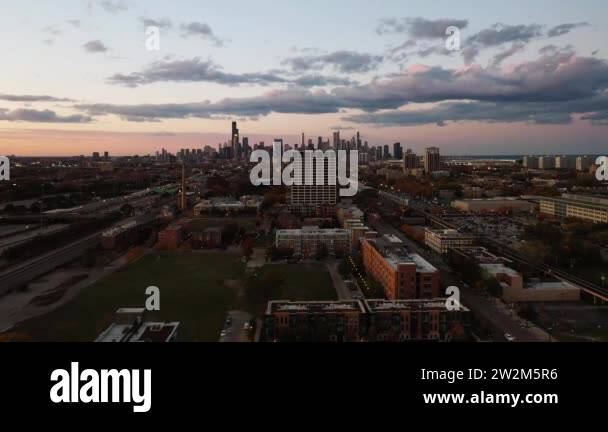 Incredible aerial view of the Chicago city skyline at sunset from the ...