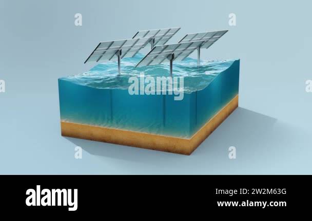 Solar panels on surface sea, ocean. Piece of land, sea in cross section ...
