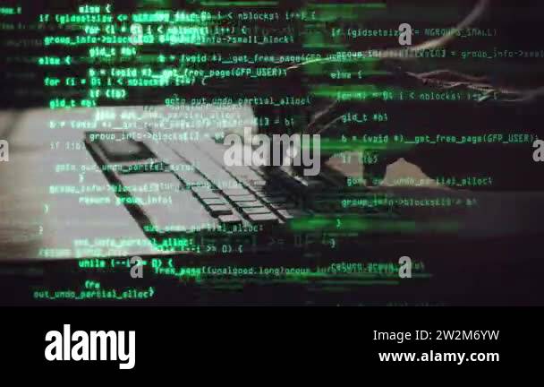 Male Programmer Types Program Code On Laptop Green Source Code Overlay Code And Information