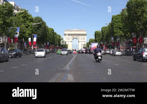 Paris Car Traffic on Champs Elysees by Triumph Arch, People Tourists ...