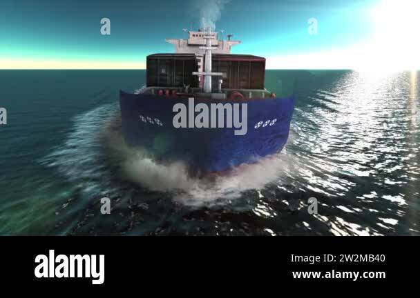 Cargo ship with containers sailing in the open blue sea- Front view ...