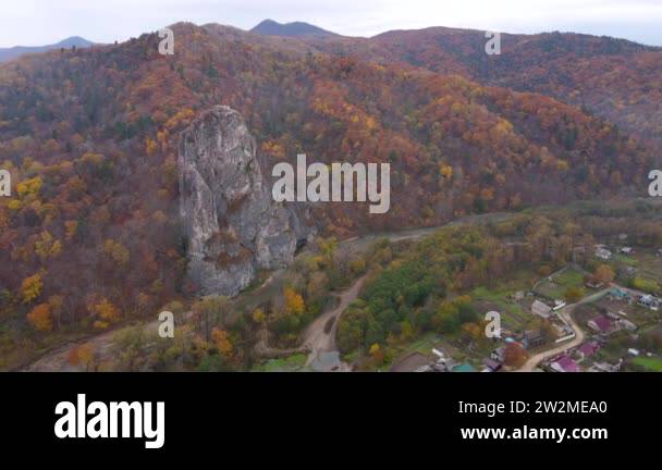 View from above. 4K. Dersu Uzala rock in the village of Kavalerovo in ...