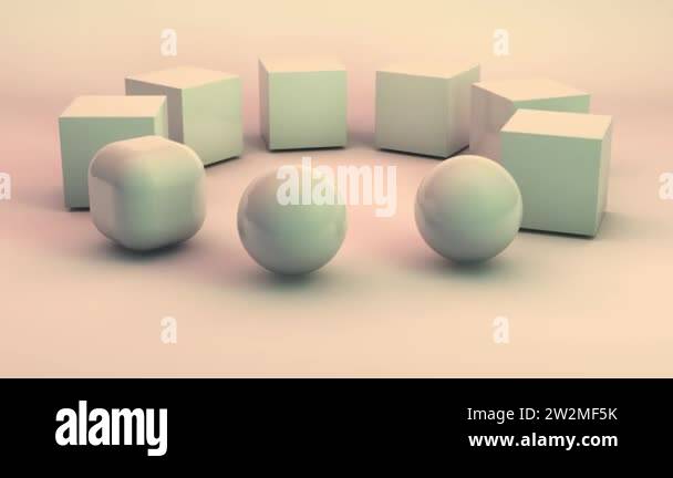 Abstract 3D animation of geometric shapes, cubes move along a circular ...