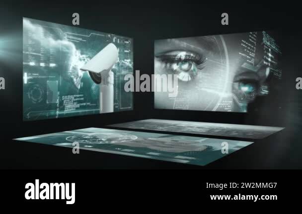 Animation of screens with human eye, CCTV camera, digital data ...