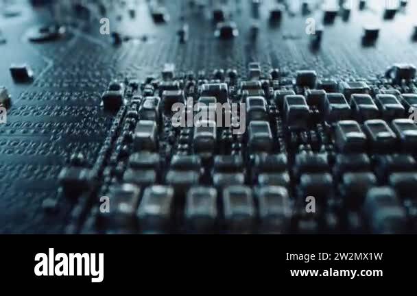 Macro Camera Moving Slowly Over Printed Circuit Board Showing Computer Motherboard Components