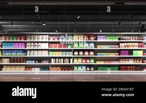 Supermarket shelves with products. Modern supermarket interior with ...