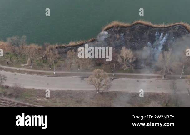 Epic aerial view of smoking wild fire. Large smoke clouds and fire ...
