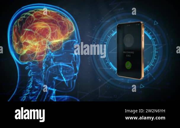 4K 60 fps 3D animation - x-ray human head moving with ringing incoming ...