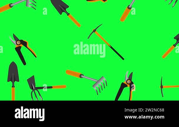 Working gardening tools elements animation, seamless loop on green ...
