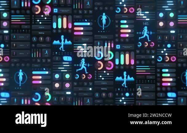 Hi tech panel of fitness application on dark background. Running and ...