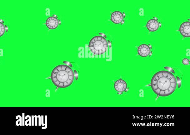 Group of animated cartoon vintage old style clocks, green screen chroma ...