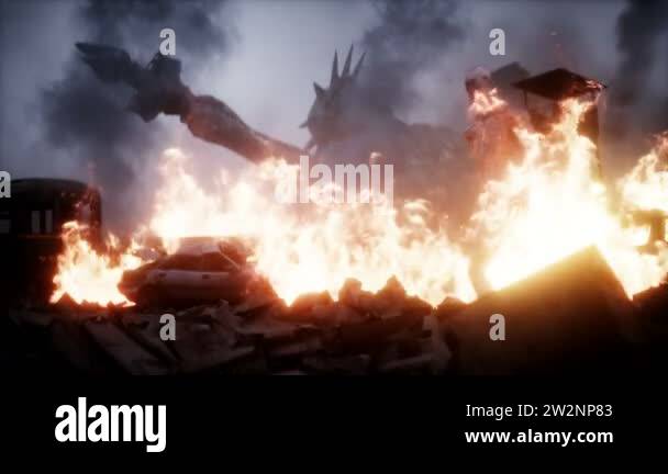 Alien, monster in a burning ruined apocalyptic city. Armageddon america ...