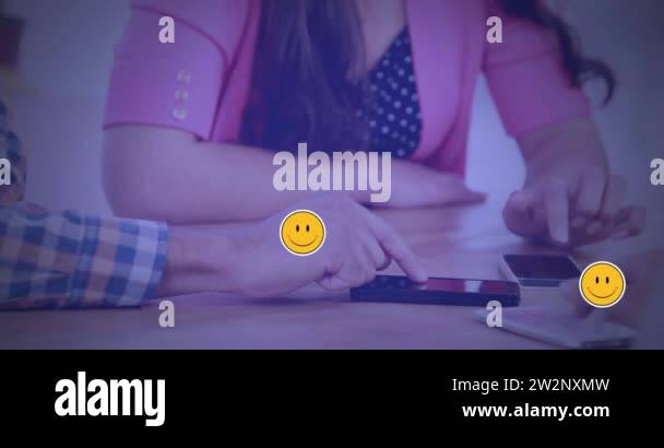 Animation of multiple multiple smiley face emojis floating against mid ...